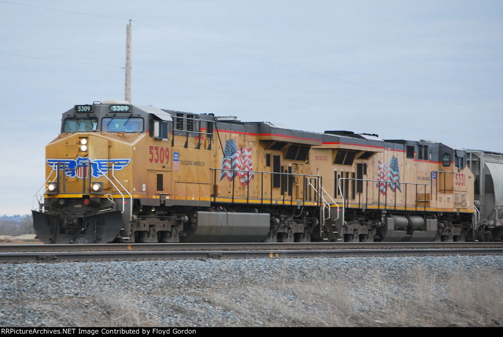 UP 5309 and UP 5331 lead west bound UP freight
